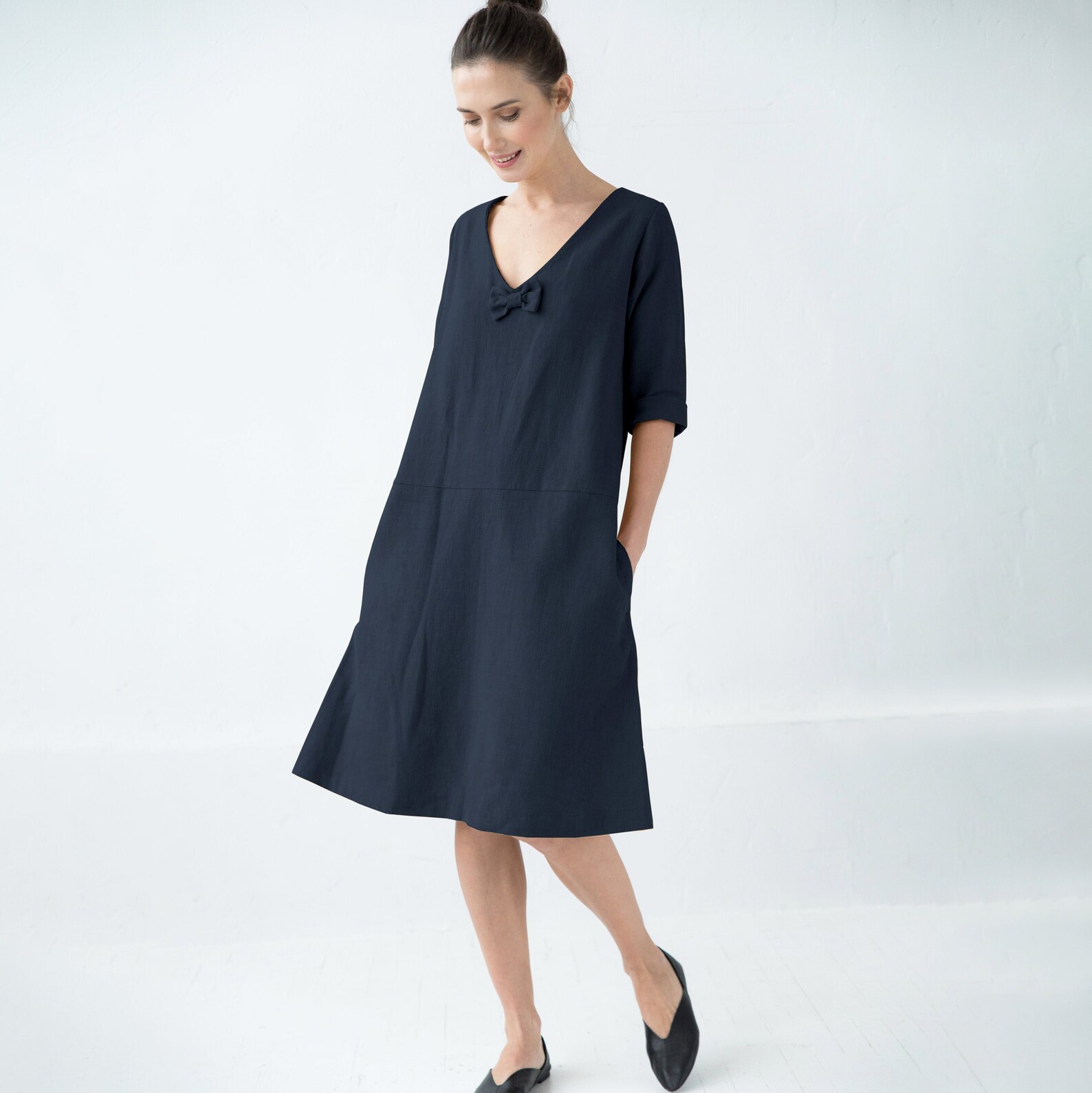 Trapeze Dress Linen Dress Deep Blue Dress Dark Linen Dress | Etsy