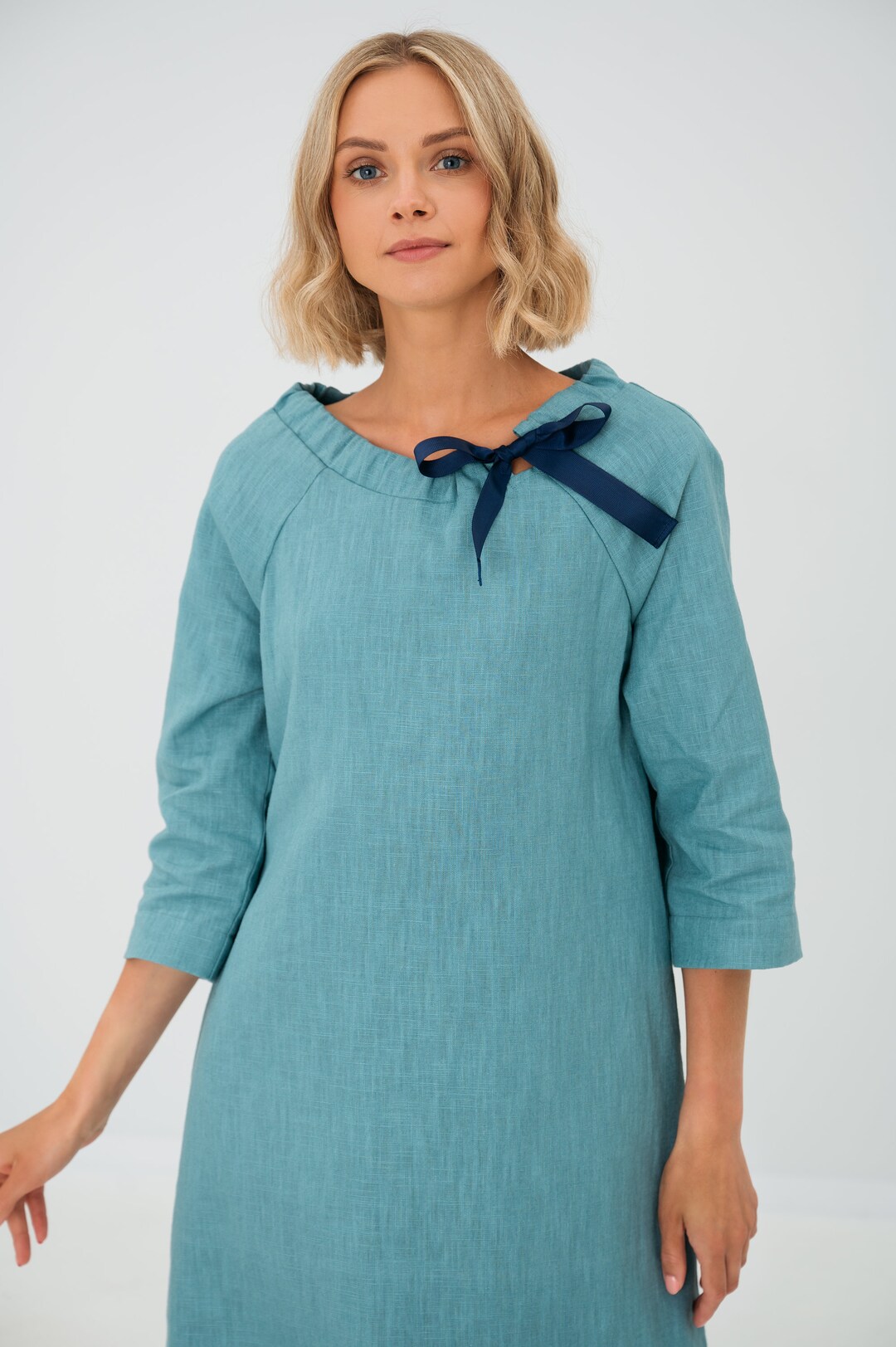Longsleeve Linen Cocktail Dress With Pockets, Teacher Everyday Women's ...