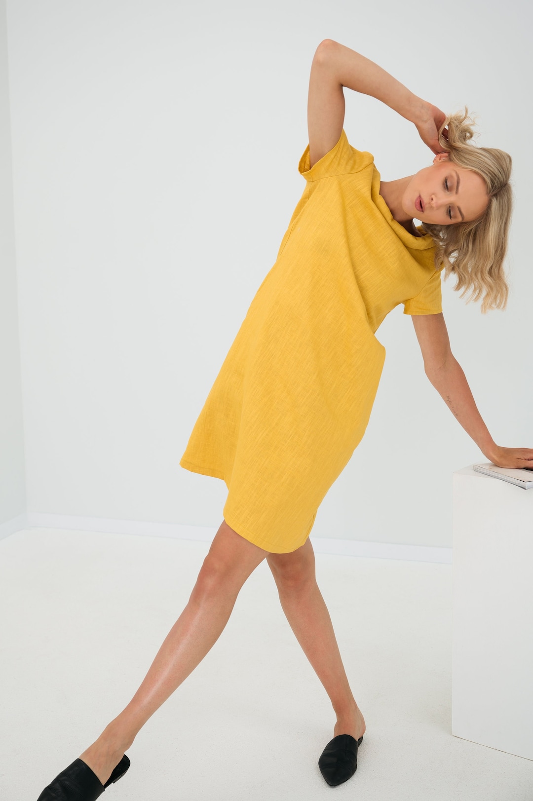 Yellow Linen Dress, Minimalist Dress With Cowl Neckline, A Line Dress ...