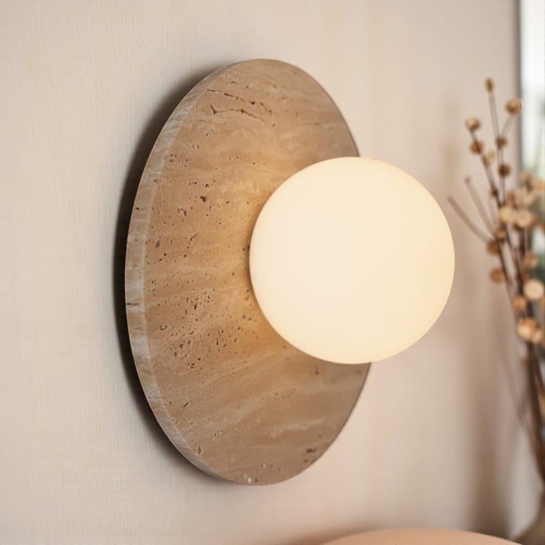 Travertine Wall Sconce, Natural Stone Wall Light With Frosted Glass ...