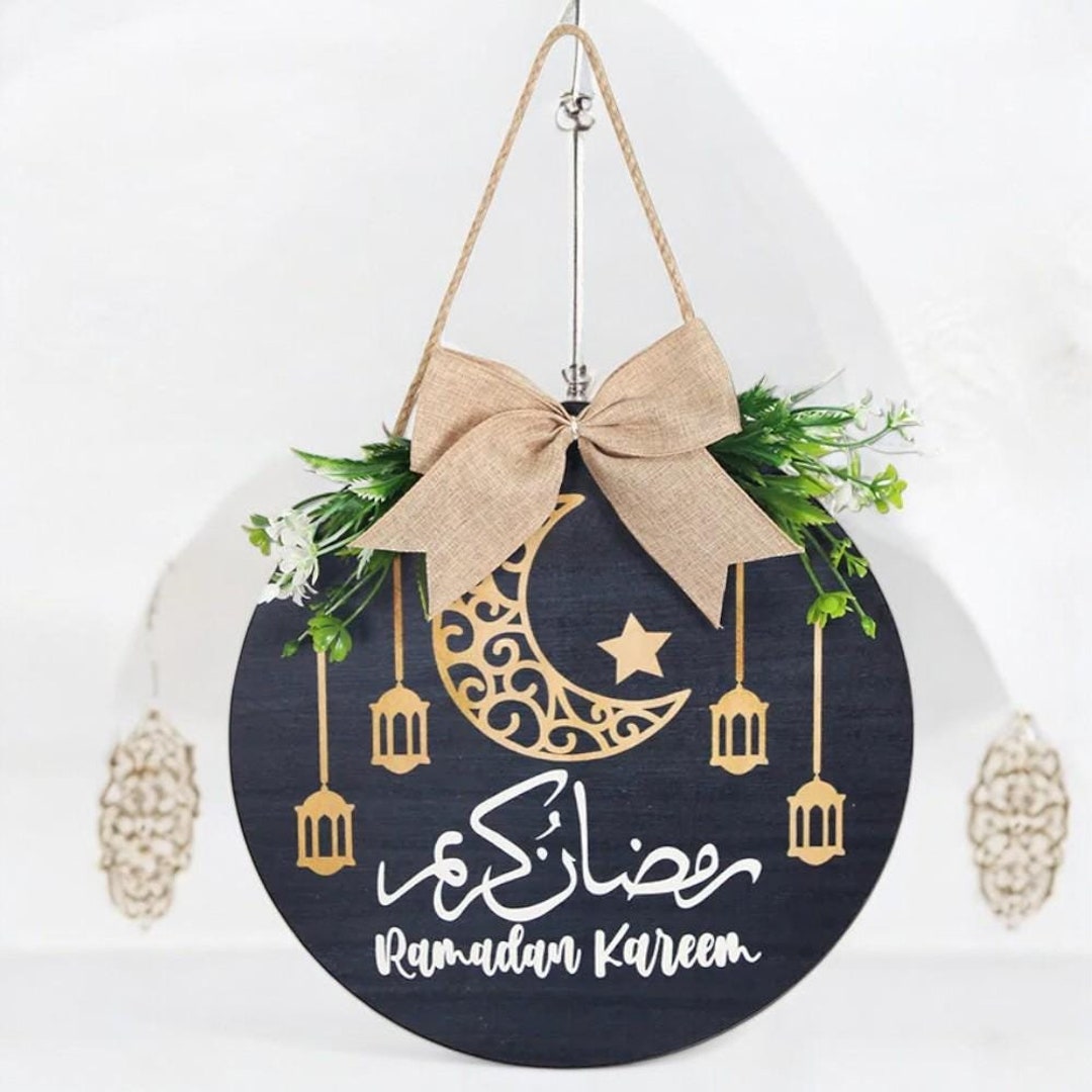 Wooden Ramadan Kareem Wreath Islamic Round Door Wreath Eid Mubarak ...