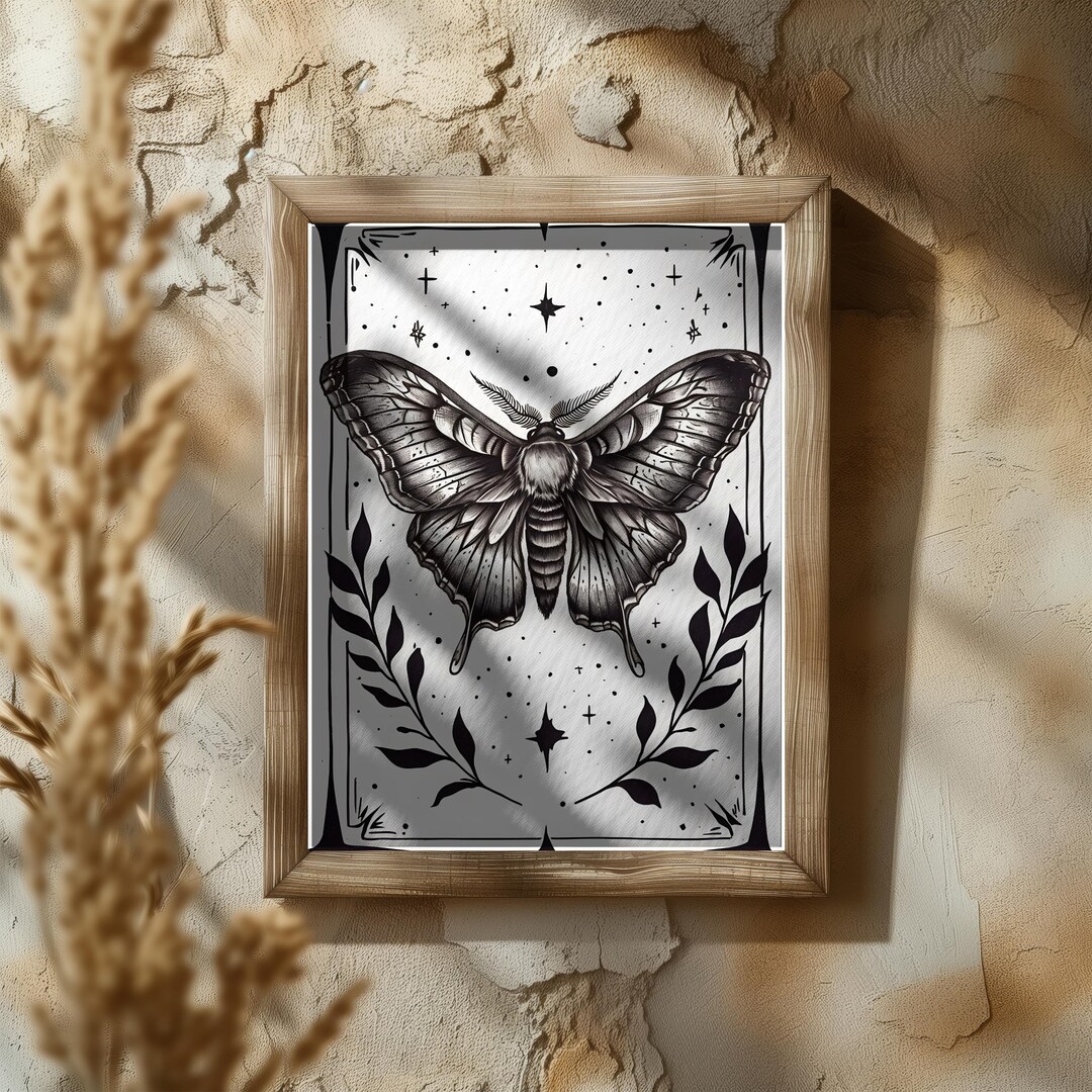 Black & White Gothic Moth Tarot Style Wall Art, Tattoo Art Home Decor ...