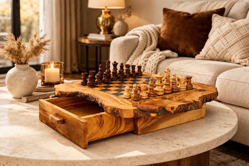 Handcrafted Olive Wood Chess Board With Drawer (20 Cm Playing Area) - Etsy