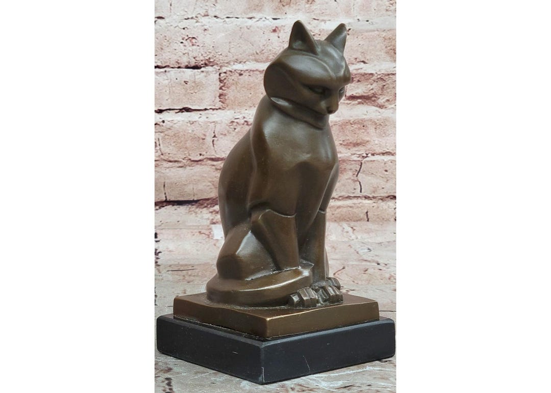 Art Deco Bronze Cat Sculpture - Stylized Sleek Feline Statue on Marble ...