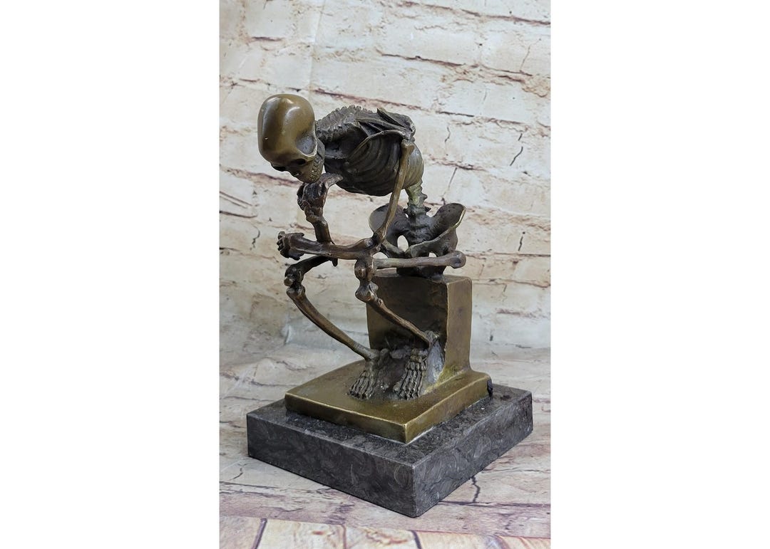 Large Bronze Skeleton Thinker Statue, Surreal Art Figure, Profound ...