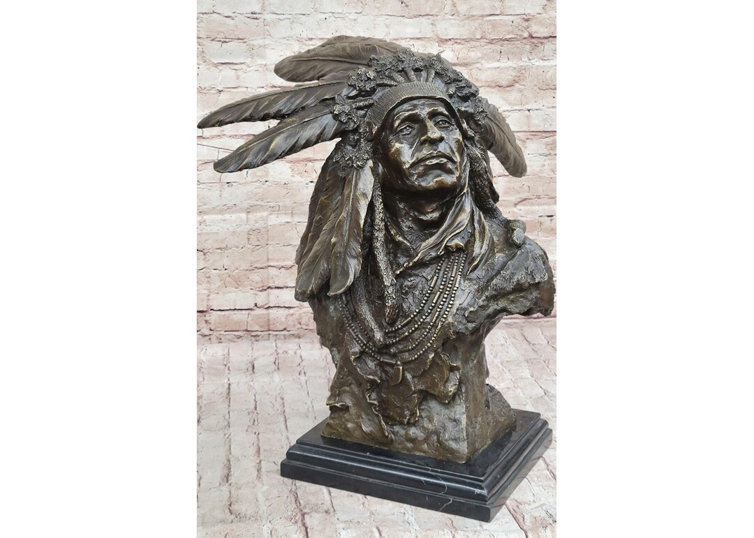 Massive Native American Indian War Chief Bonnet Bust Bronze Sculpture ...