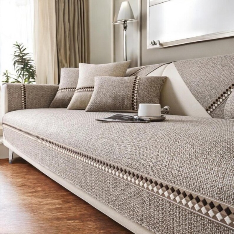 Cotton & Linen Sofa Cover and Cushion Universal Four-season Non-slip ...