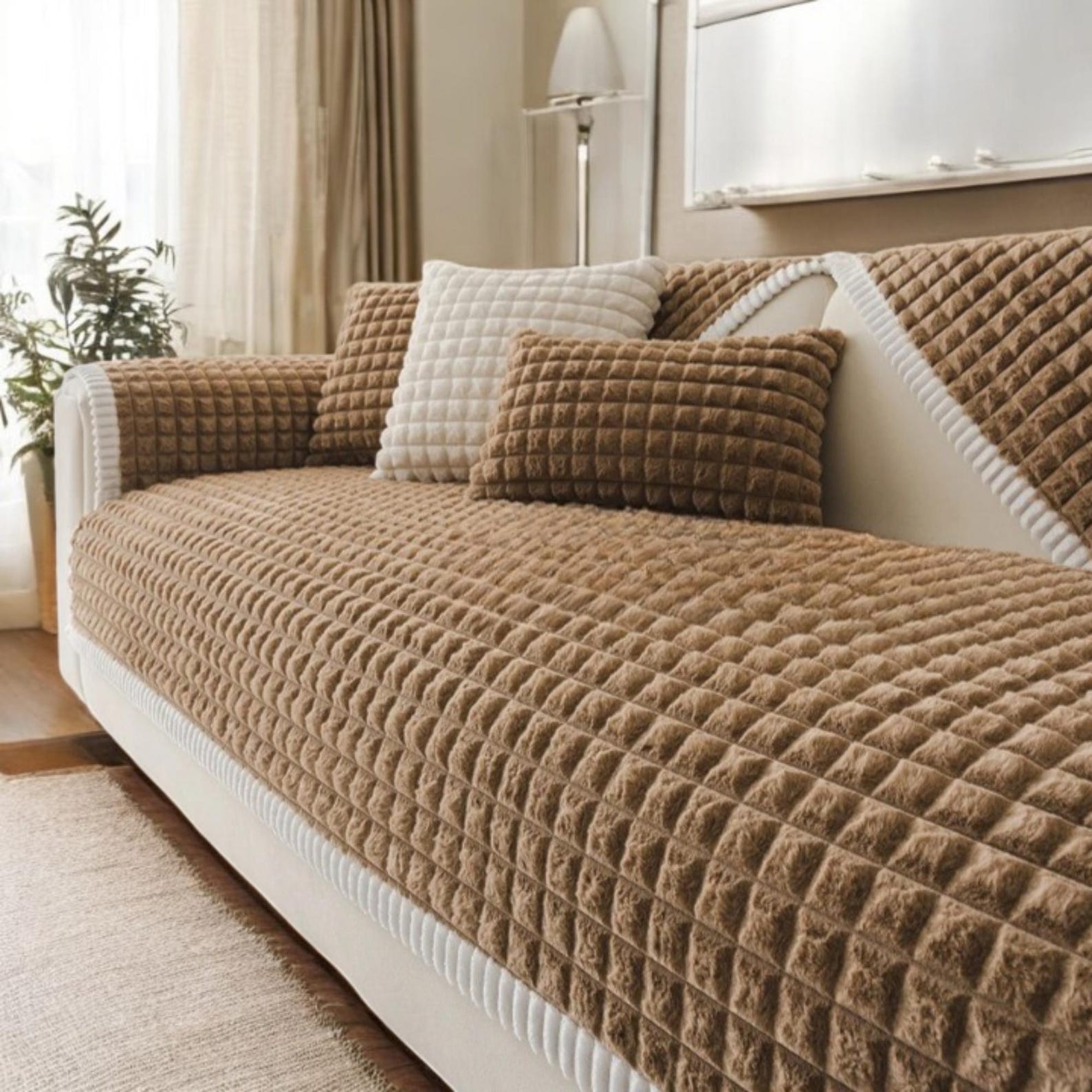 Soft Velvet Solid Color Sofa Cover & Cushion | Fluffy, Warm, and ...