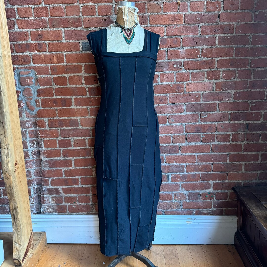 Reworked T Shirts All Black Cotton Strips Dress Square Neckline Body ...