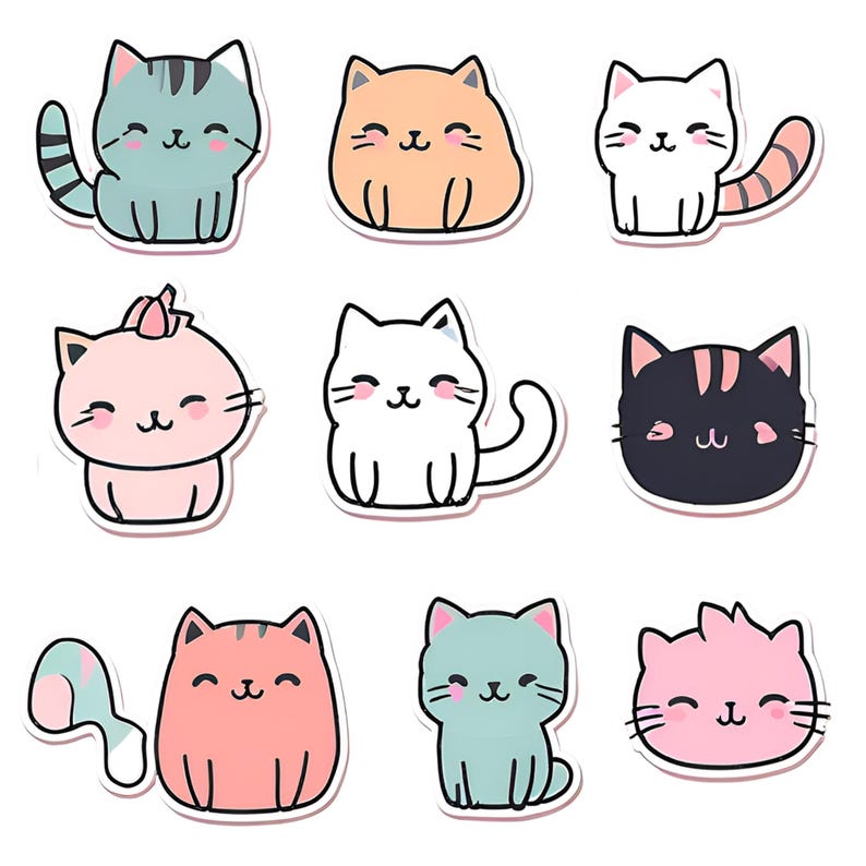 Cute Chibi Cat Stickers – Kawaii Cartoon Cats PNG Bundle - Etsy