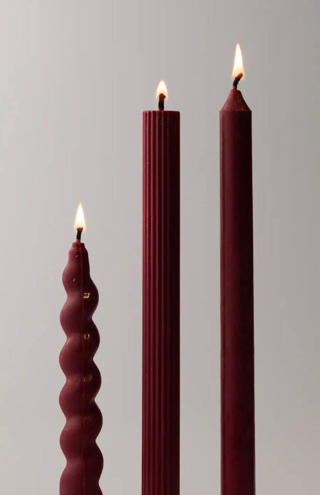 Handmade Soy Wax Taper Candles, Set of 3, Burgundy, Ribbed and Classic ...