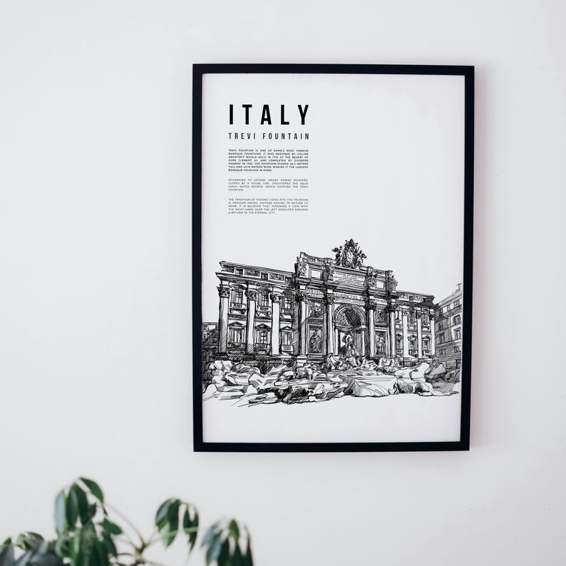 Rome Trevi Fountain Digital Wall Art, Elegant Illustration of the ...