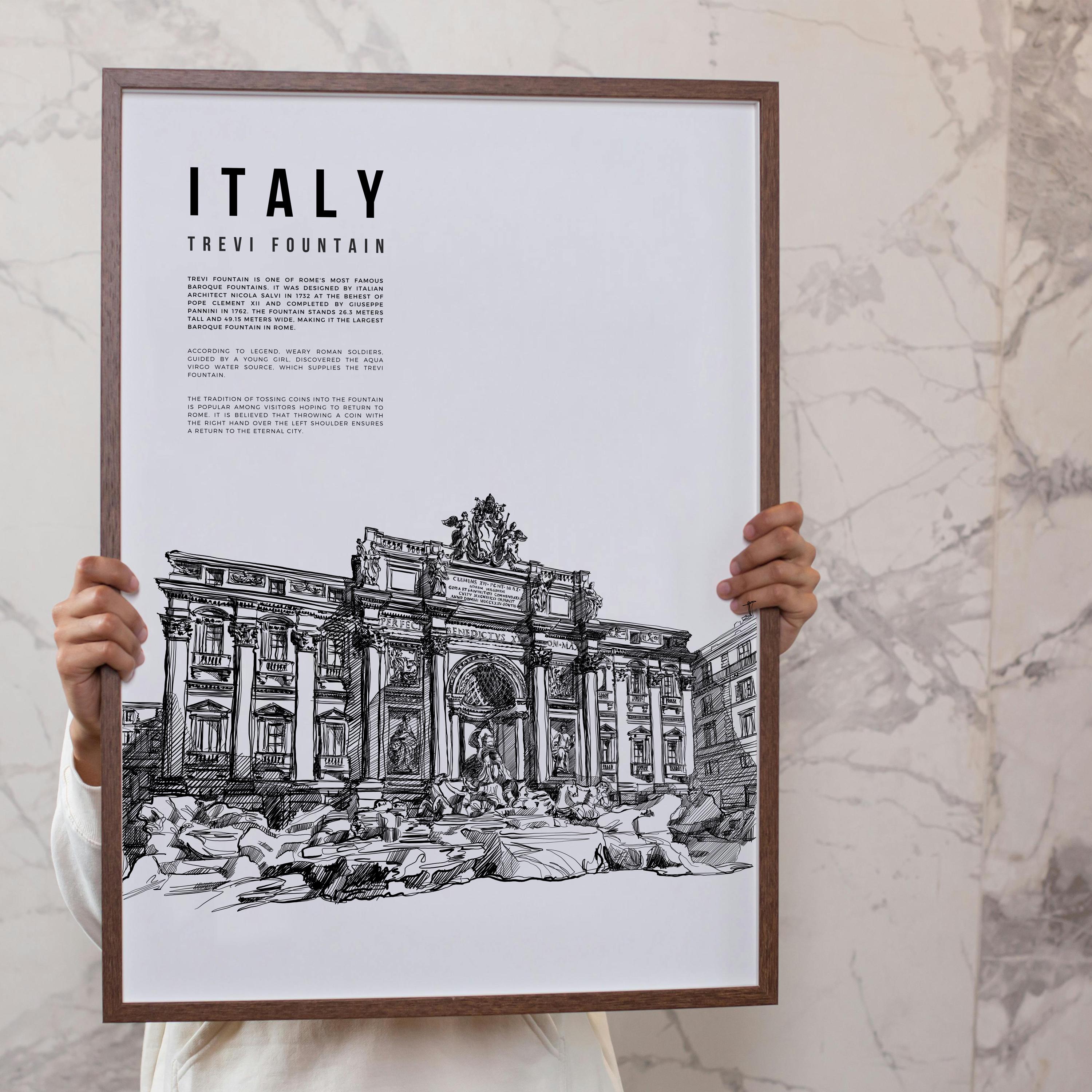 Rome Trevi Fountain Digital Wall Art, Elegant Illustration of the ...