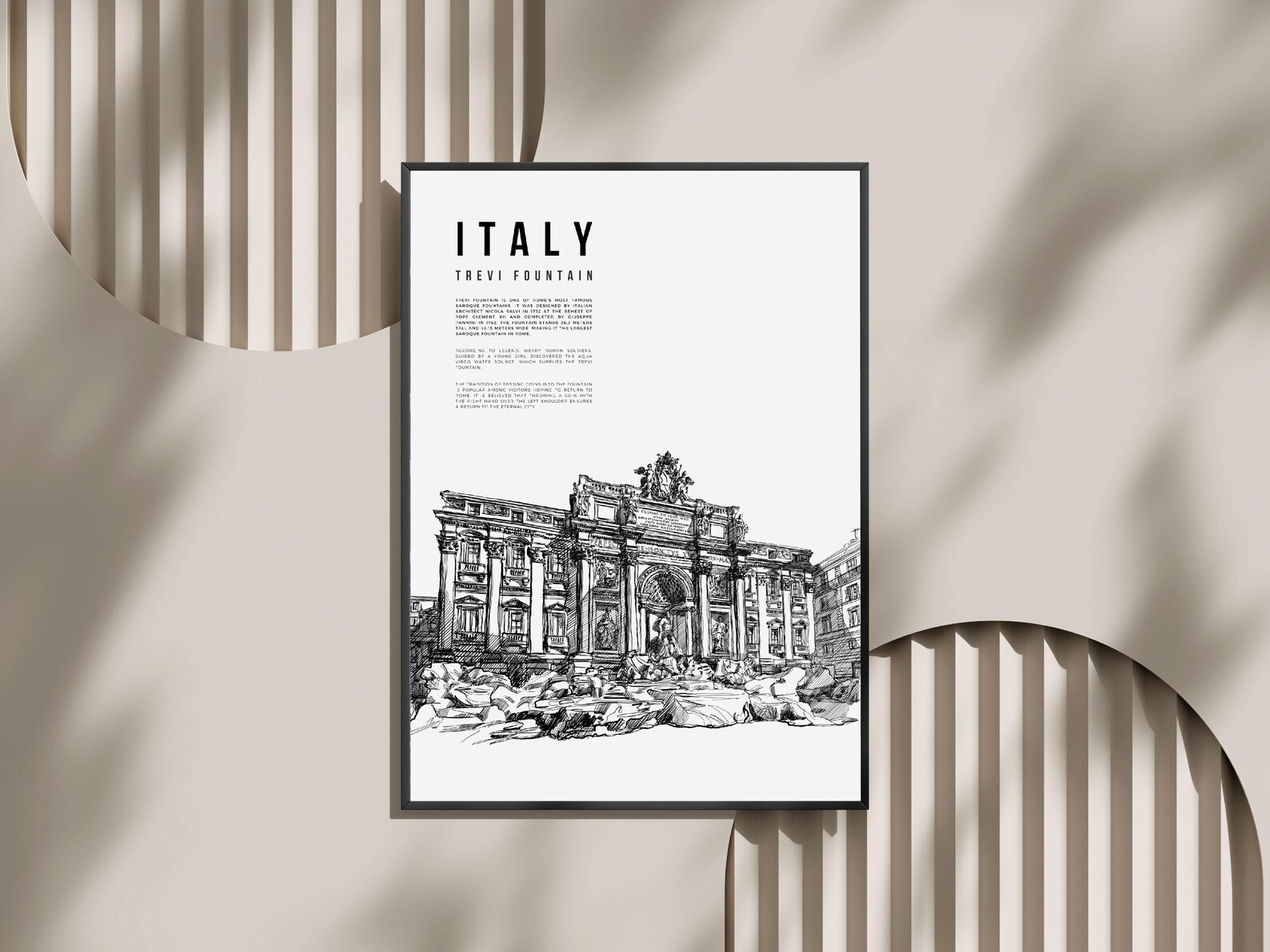 Rome Trevi Fountain Digital Wall Art, Elegant Illustration of the ...
