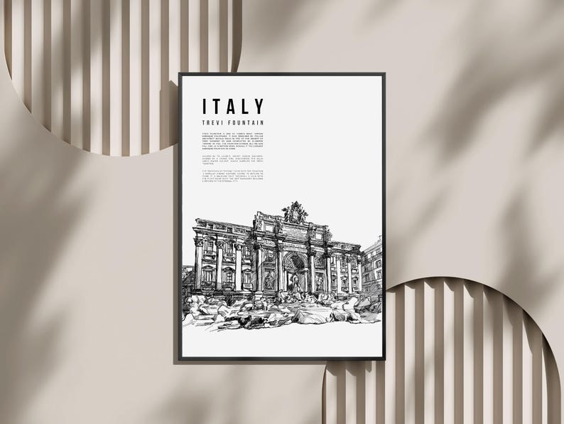 Rome Trevi Fountain Digital Wall Art, Elegant Illustration of the ...