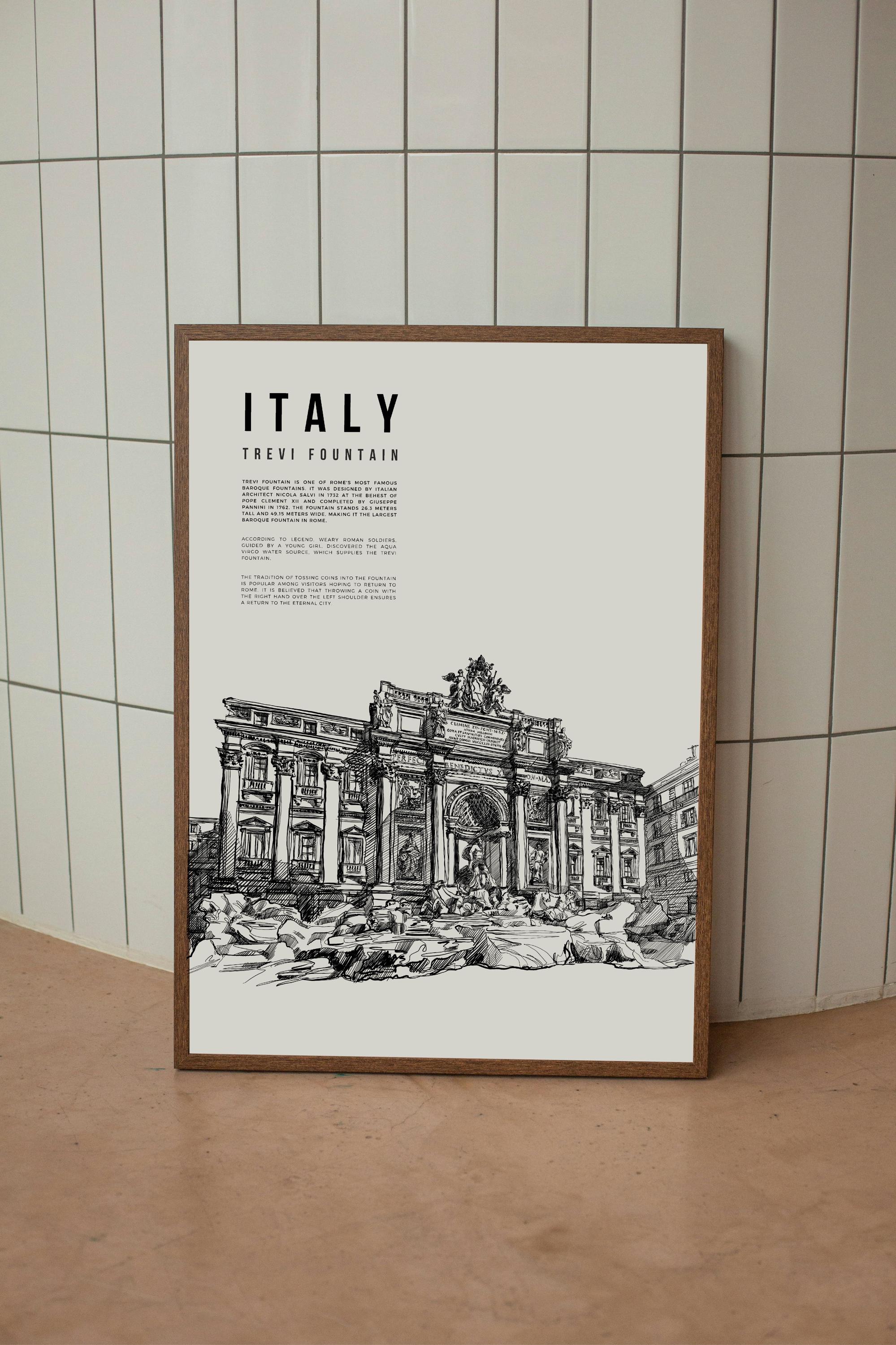 Rome Trevi Fountain Digital Wall Art, Elegant Illustration of the ...