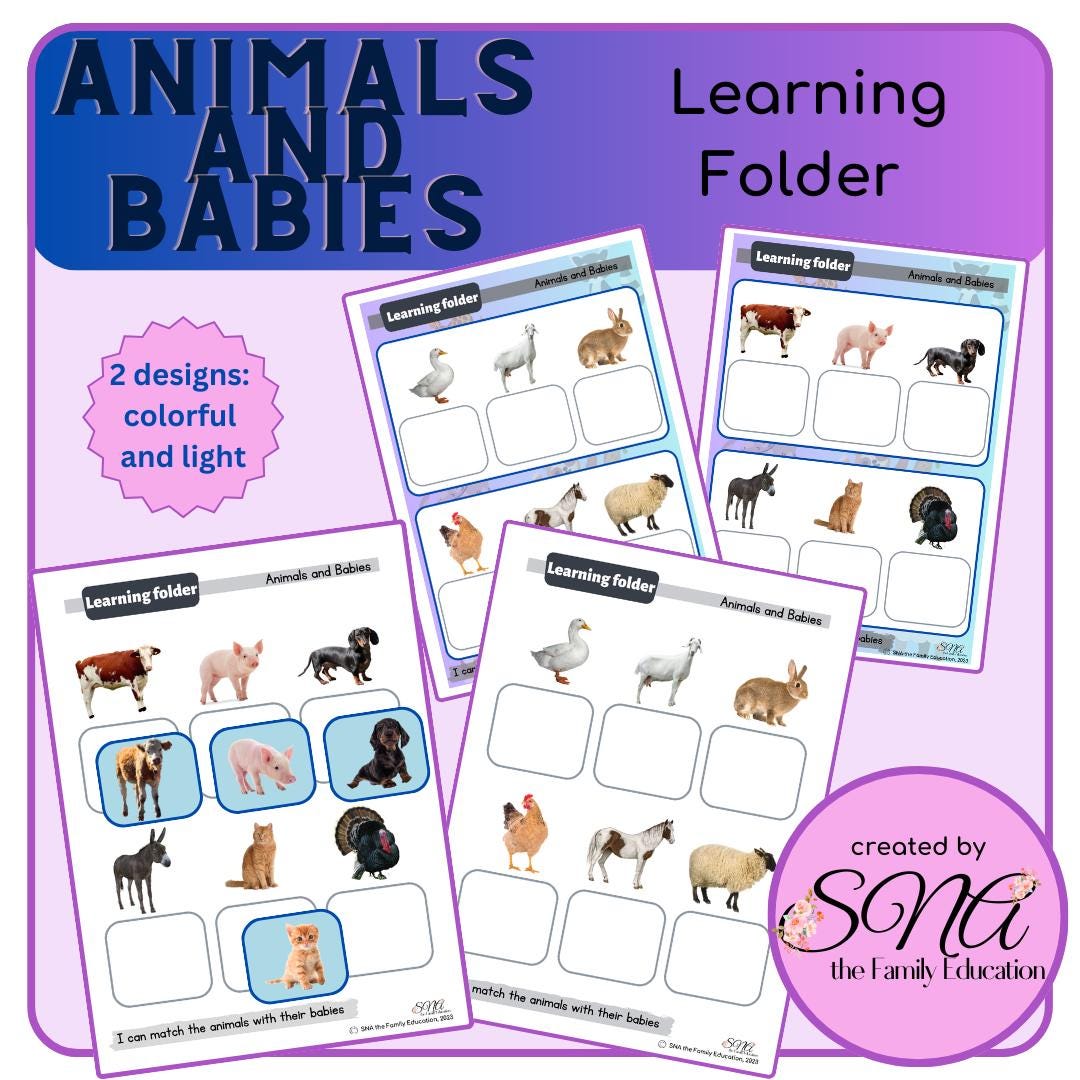 Animals and Baby Animals, File Folder Game, Learning Folder, Busy Quiet ...