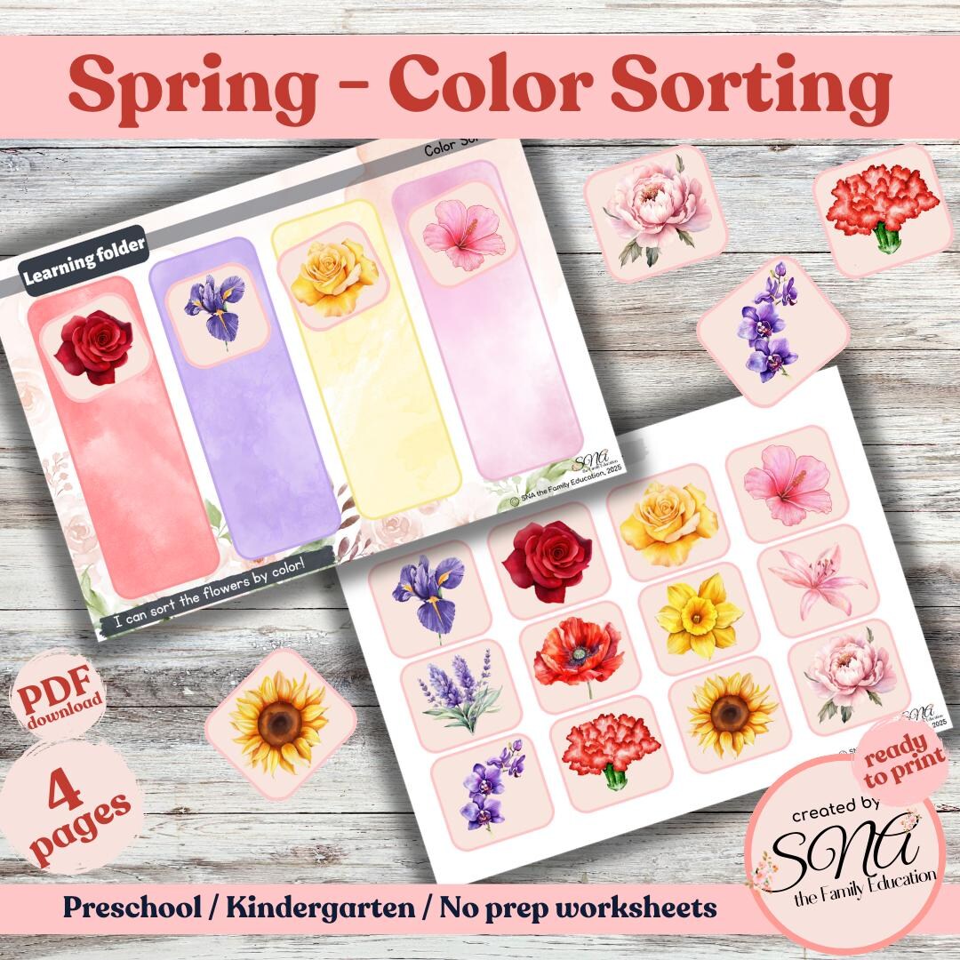 Spring Flowers Color Sorting, File Folder Game, Learning Folder, Busy ...