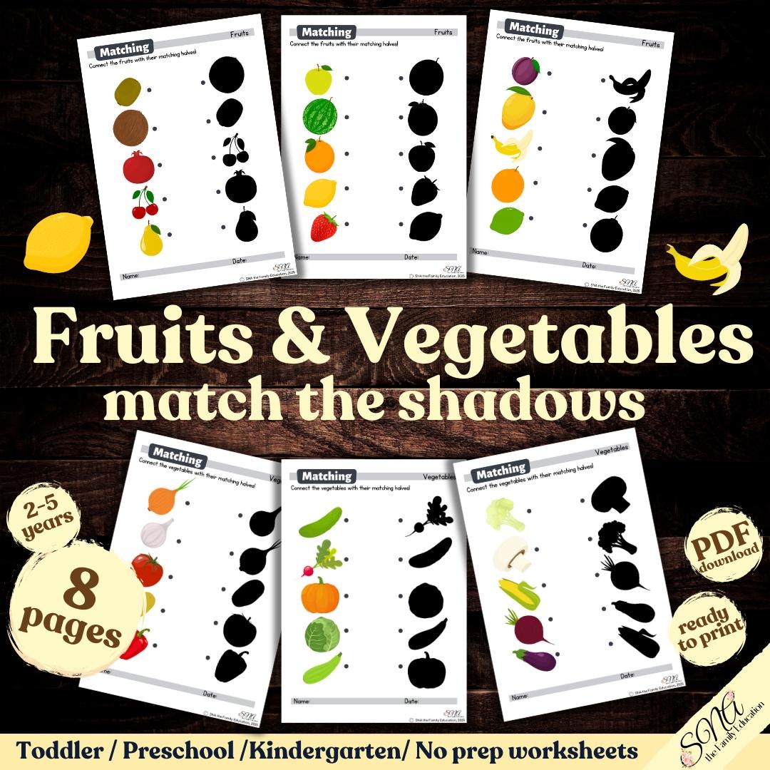 Fruits and Vegetables Shadow Matching Worksheets Activities Games ...