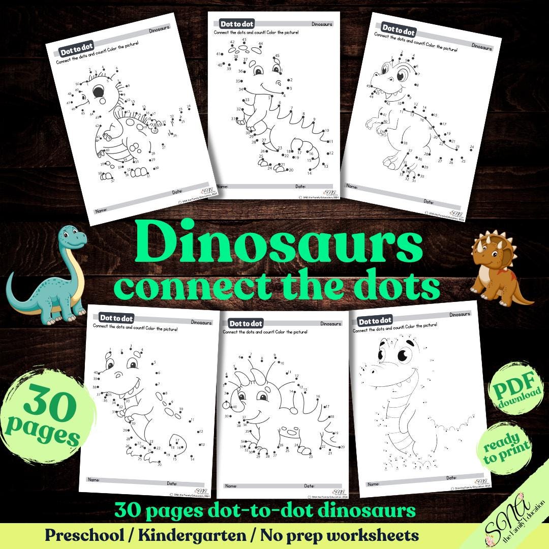 Dinosaurs Connect the Dots Counting Numbers Dot to Dot Coloring Pages ...