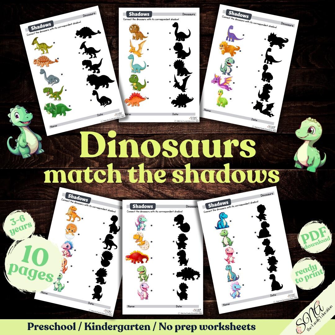 Dinosaurs Shadow Matching Worksheets Activities Games for Toddler ...