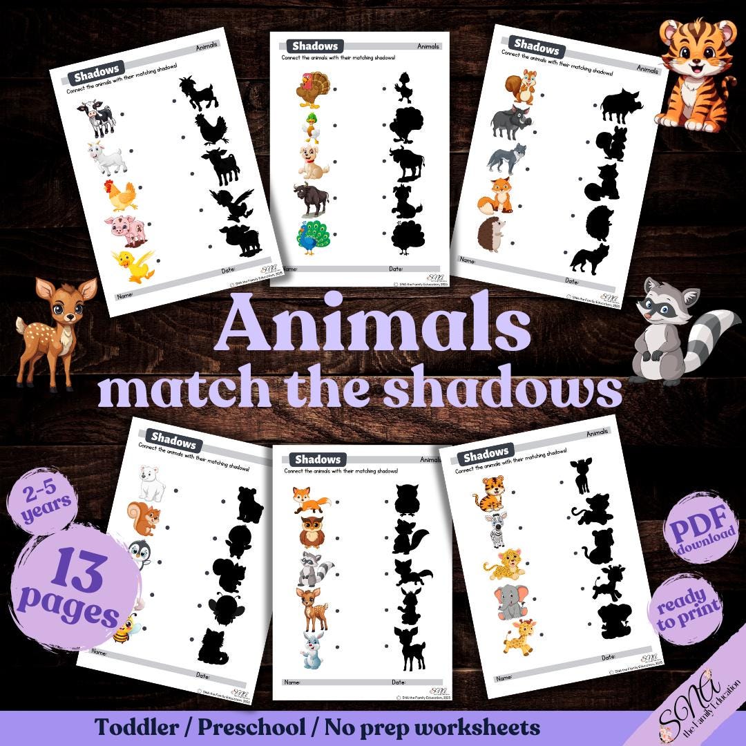 Animals Shadow Matching Worksheets Activities Games for Toddler ...
