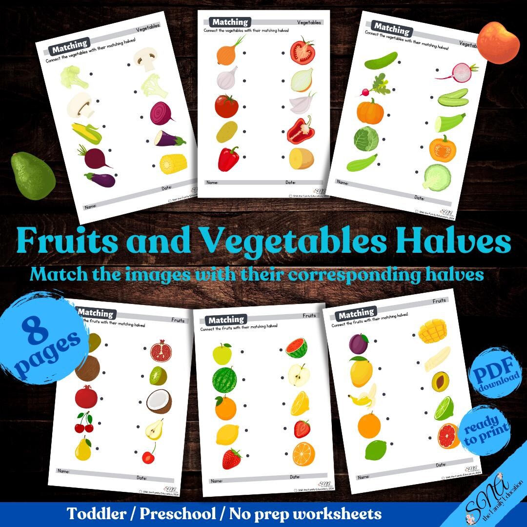 Fruits and Vegetables Halves Matching Worksheets Toddler/preschool ...