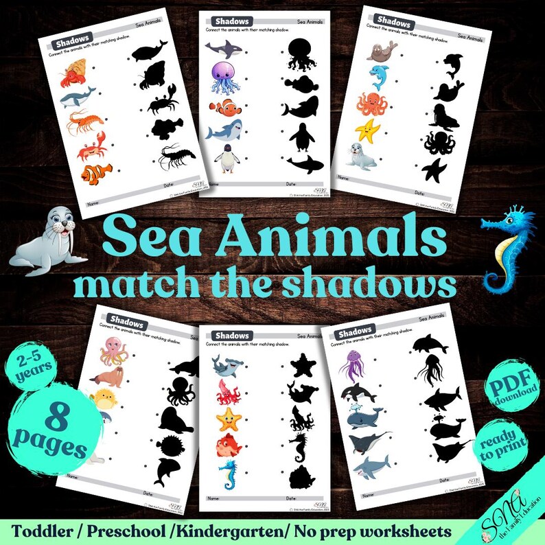 Sea Ocean Animals Shadow Matching Worksheets Activities for Toddler ...