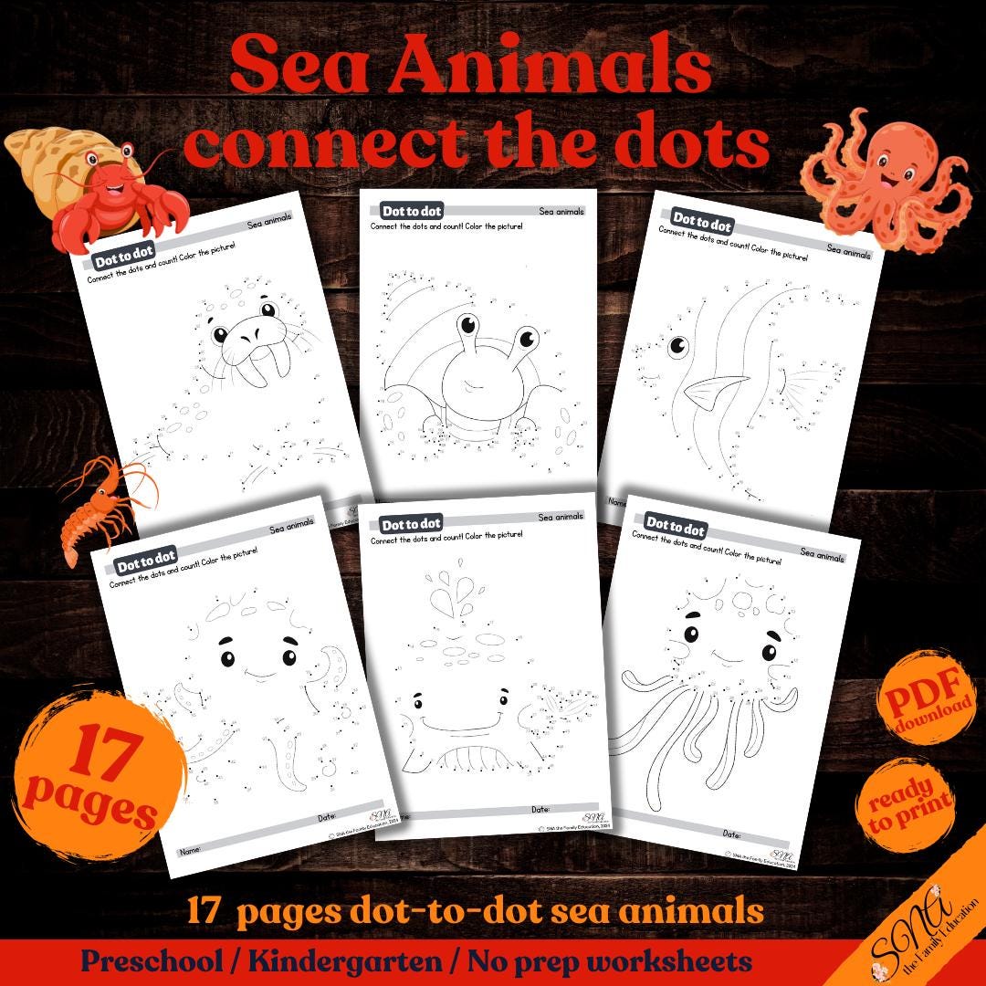 Sea, Oceans Animals Connecting Dots, Dot to Dot No Prep Worksheet for ...