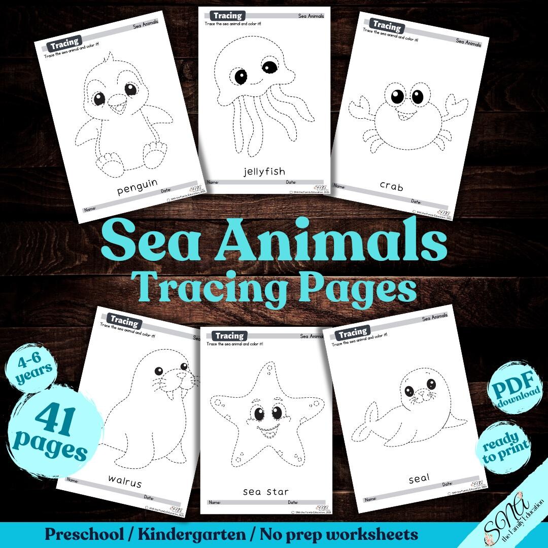 Sea Animals Tracing Pages: Prewriting Preschool Kindergarten Activity ...