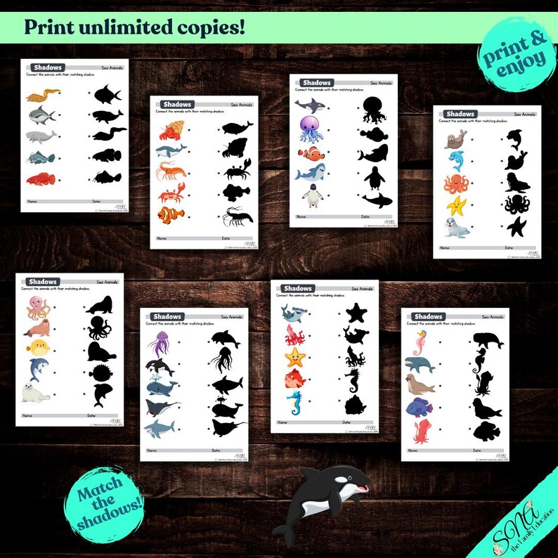 Sea Ocean Animals Shadow Matching Worksheets Activities for Toddler ...