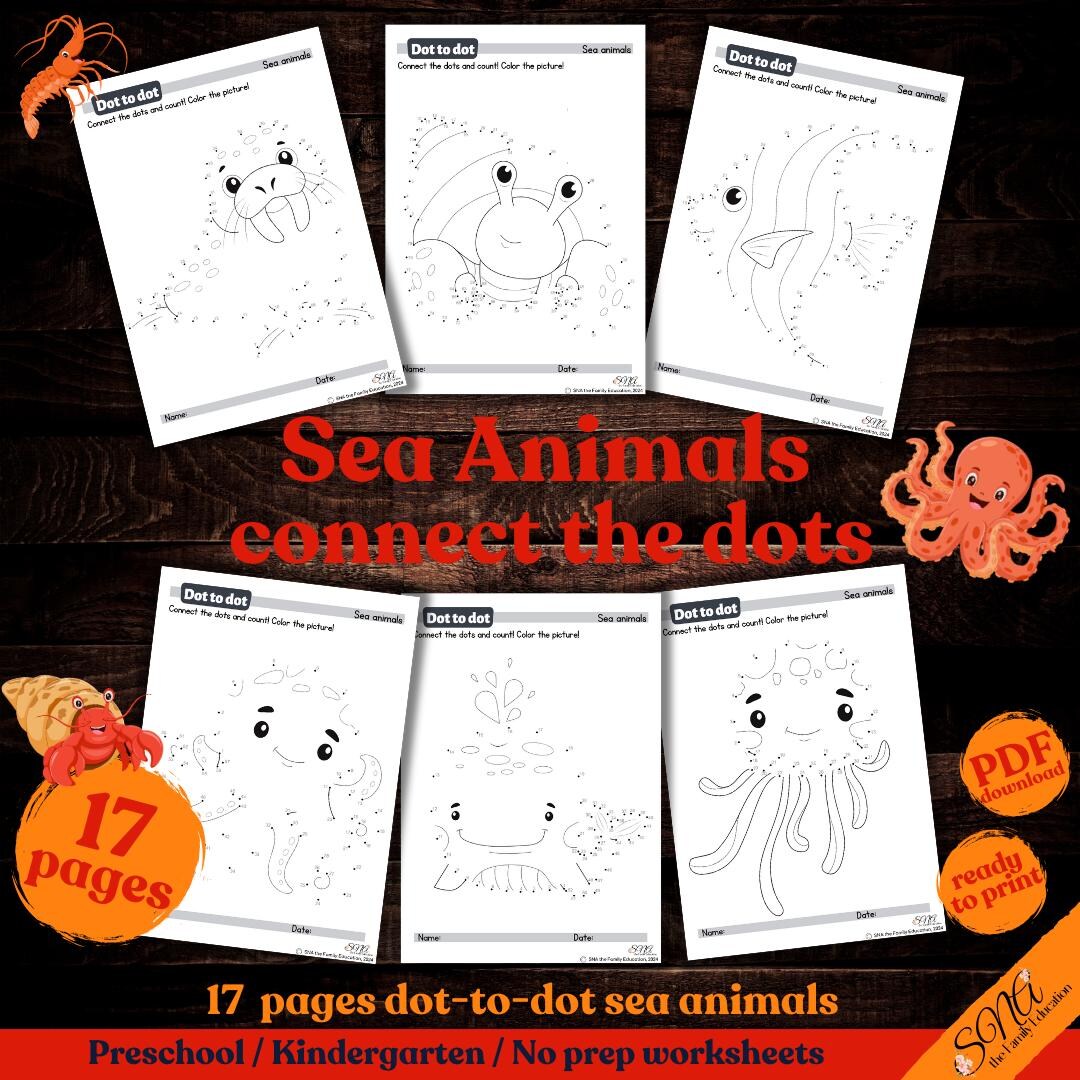 Sea, Oceans Animals Connect the Dots Counting Numbers Dot to Dot No ...