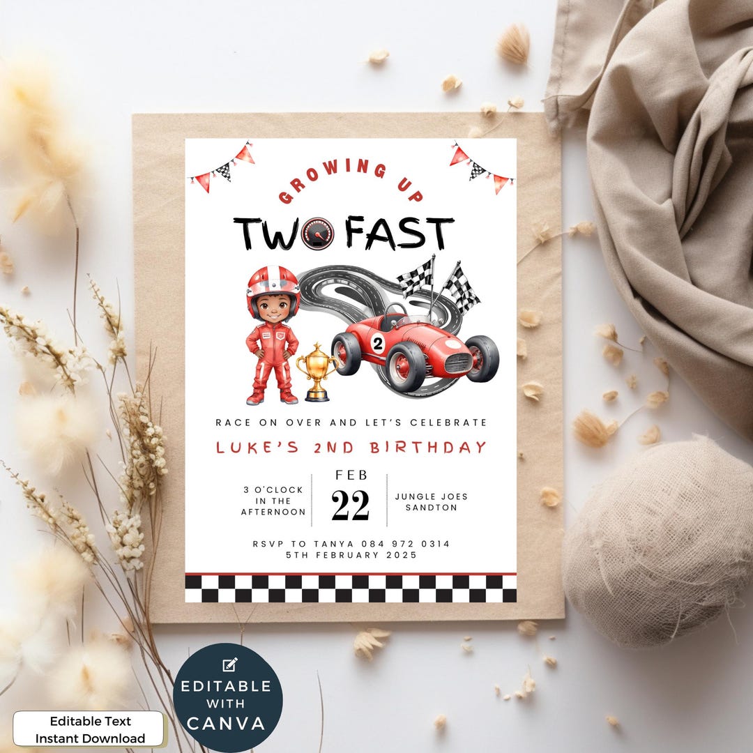 Two Fast 2nd Birthday Invitation, Editable, Racing Car Theme, Printable ...