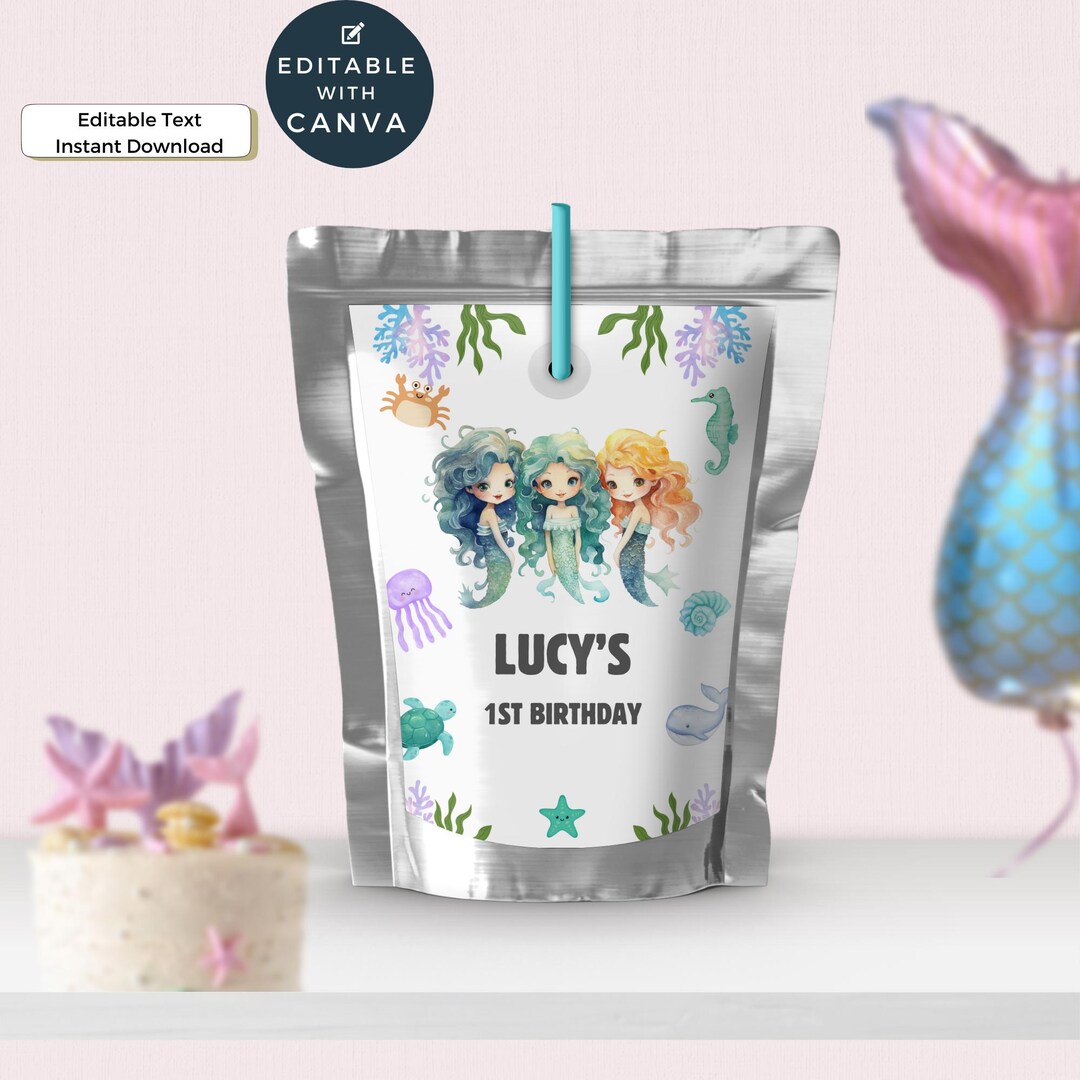 Mermaid Birthday Party Juice Box Label-editable- Under the Sea ...
