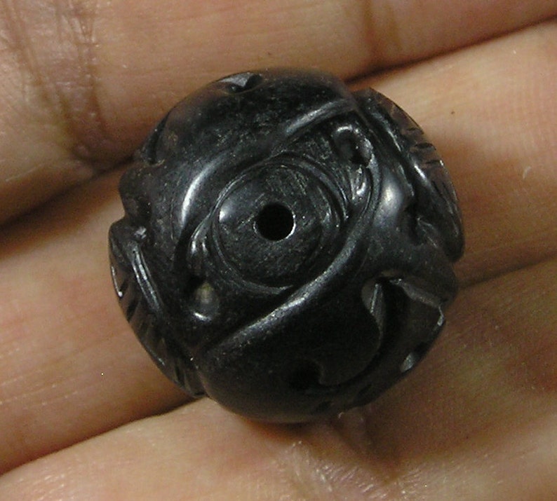Carved Jet Lignite 20mm 13/16" Round Loose Bead Longevity Deep Black ...