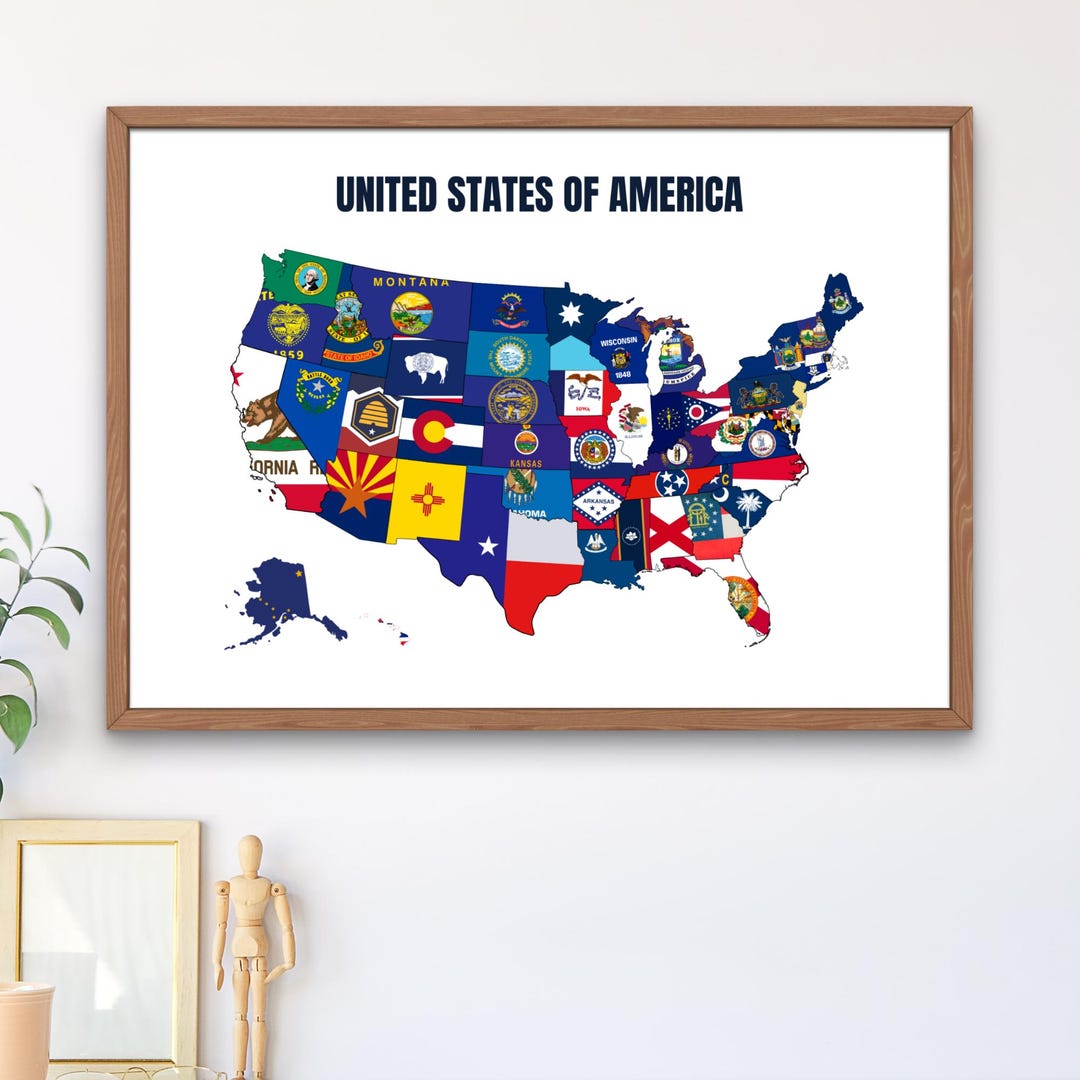 USA Map With State Flags Unique Digital Map of the United States State ...