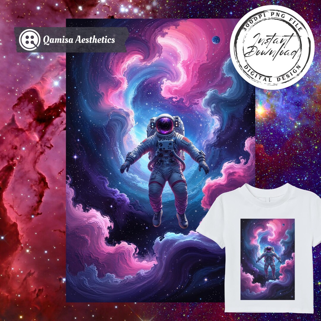 Astronaut T-shirt PNG | Space Cosmic Dreamscape Design | Glowing Nebula ...