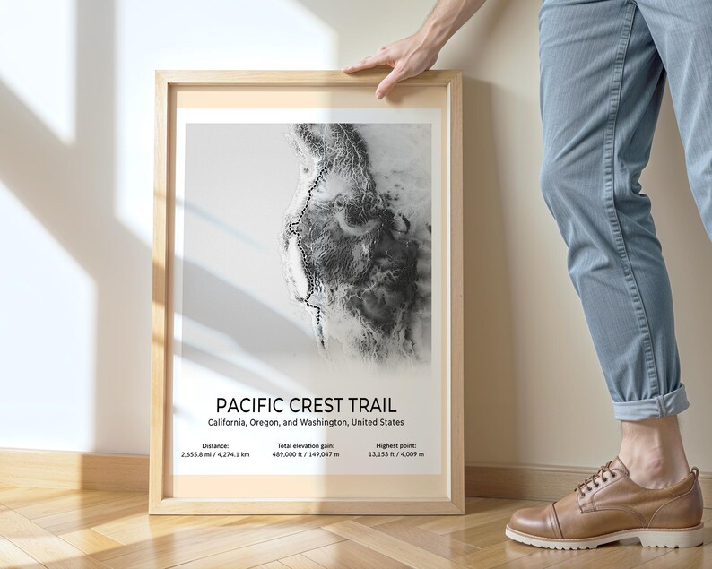 Trail Map Poster, Pacific Crest Trail Topographic Wall Art, PCT ...