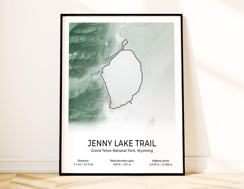 Grand Teton Jenny Lake Map Poster, National Park Wall Art, Topographic ...