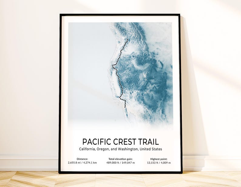 Pacific Crest Trail Map Poster, Topographic Wall Art, PCT Backpacking ...