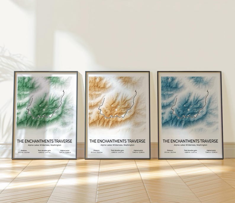 Hiking Wall Art, Enchantments Traverse Map Poster, Alpine Lakes ...