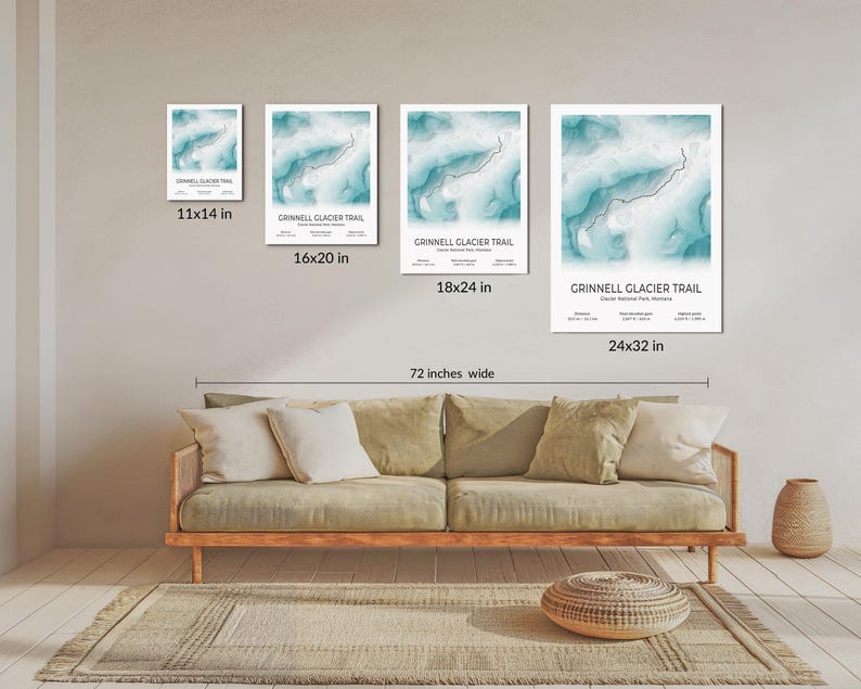 Hiking Wall Art, Grinnell Glacier Trail Map Poster, National Park ...