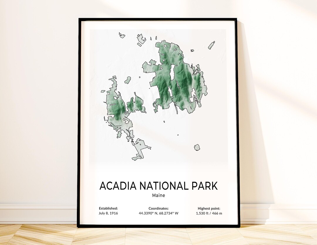 Acadia National Park Map Poster, Topographic Map Wall Art, Maine ...