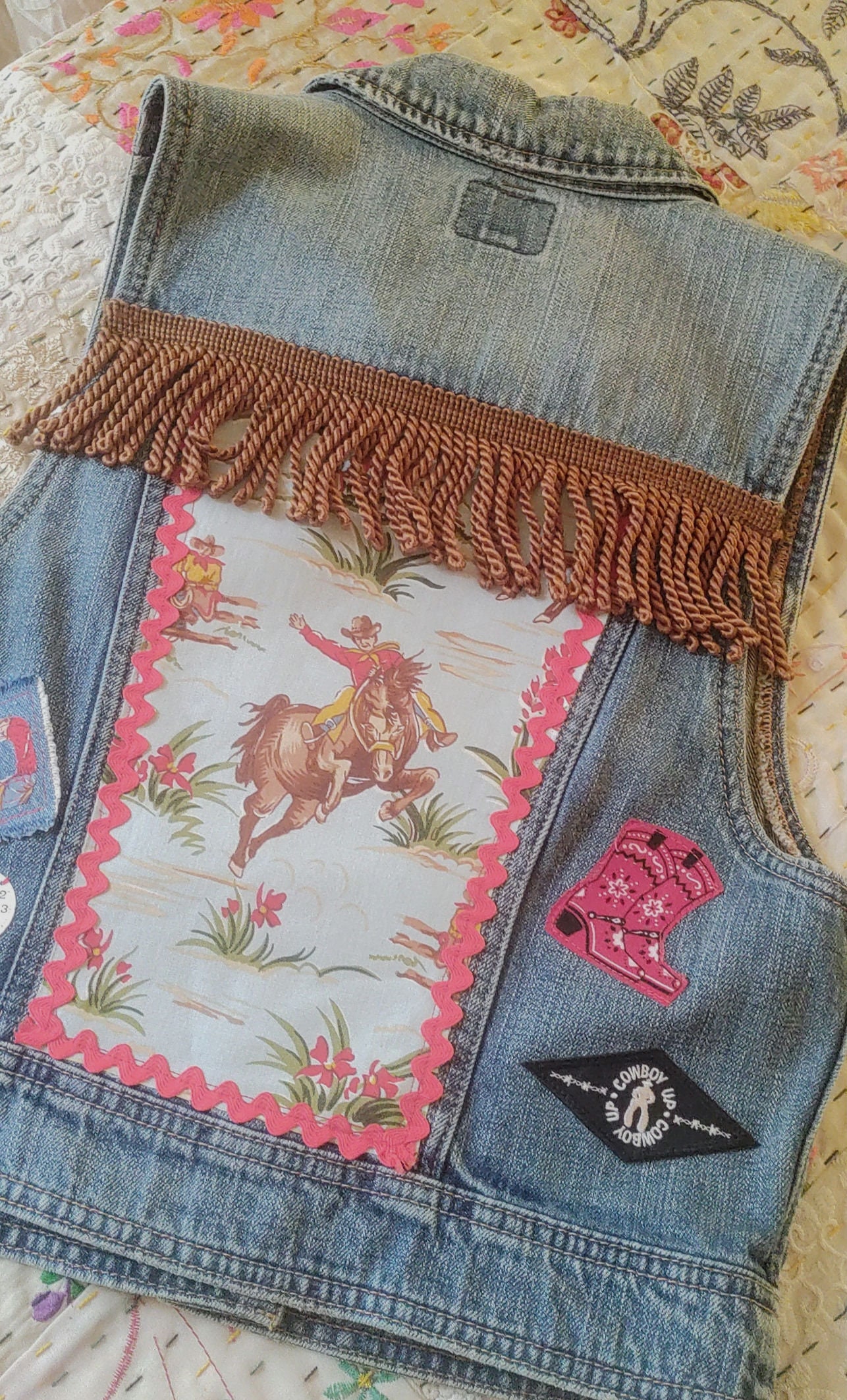 Yee Haw Cowgirl Denim Vest, Bucking Bronco, Embellished W Fringe ...