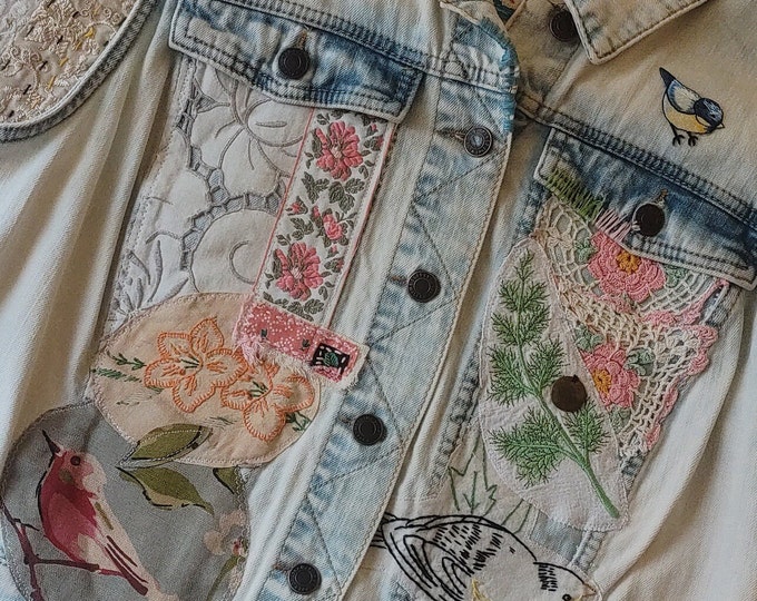 Upcycled Denim Vest, "the Bird Watcher", Pieces of Vintage Embroidery, Lace, Tea Dyed Fabrics ...