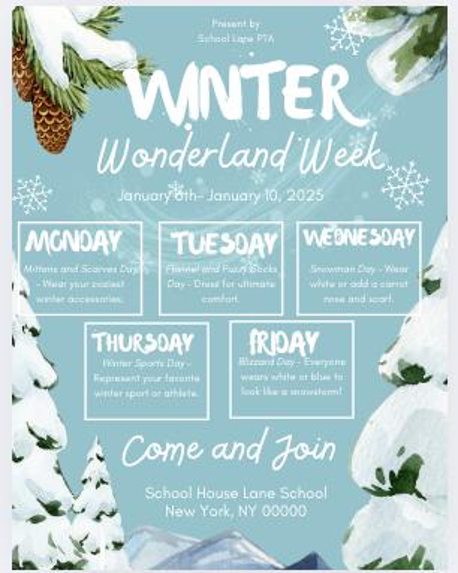 Winter Wonderland Spirit Week Flyer Editable in Canva - Etsy