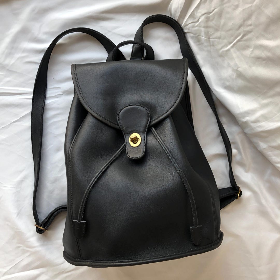 Vintage Coach 9943 Black Leather Backpack Drawstring Rucksack Bag Turn ...