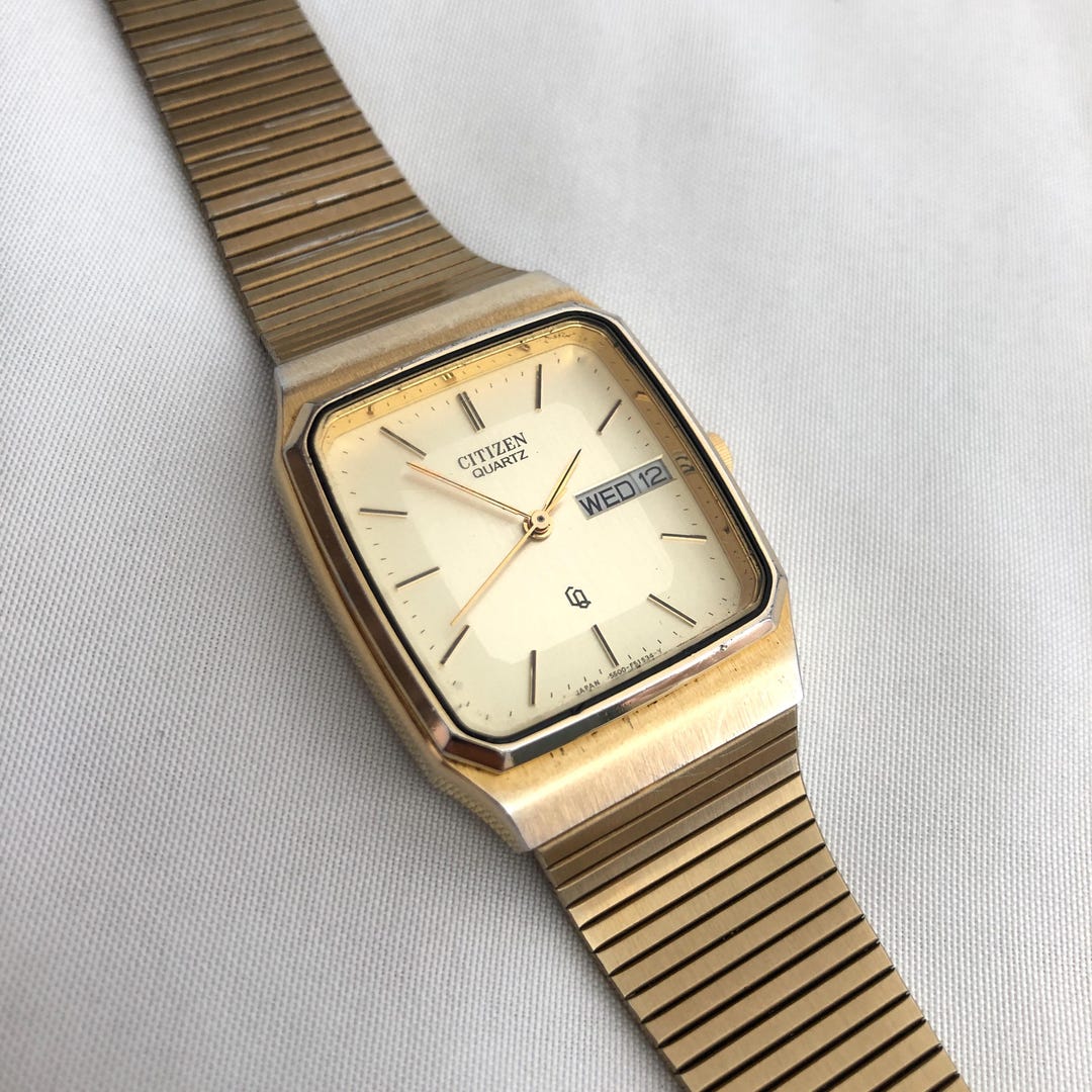 Vintage Citizen CQ Quartz 5500 F5134 Mens Gold Tone 28mm Tank Watch ...