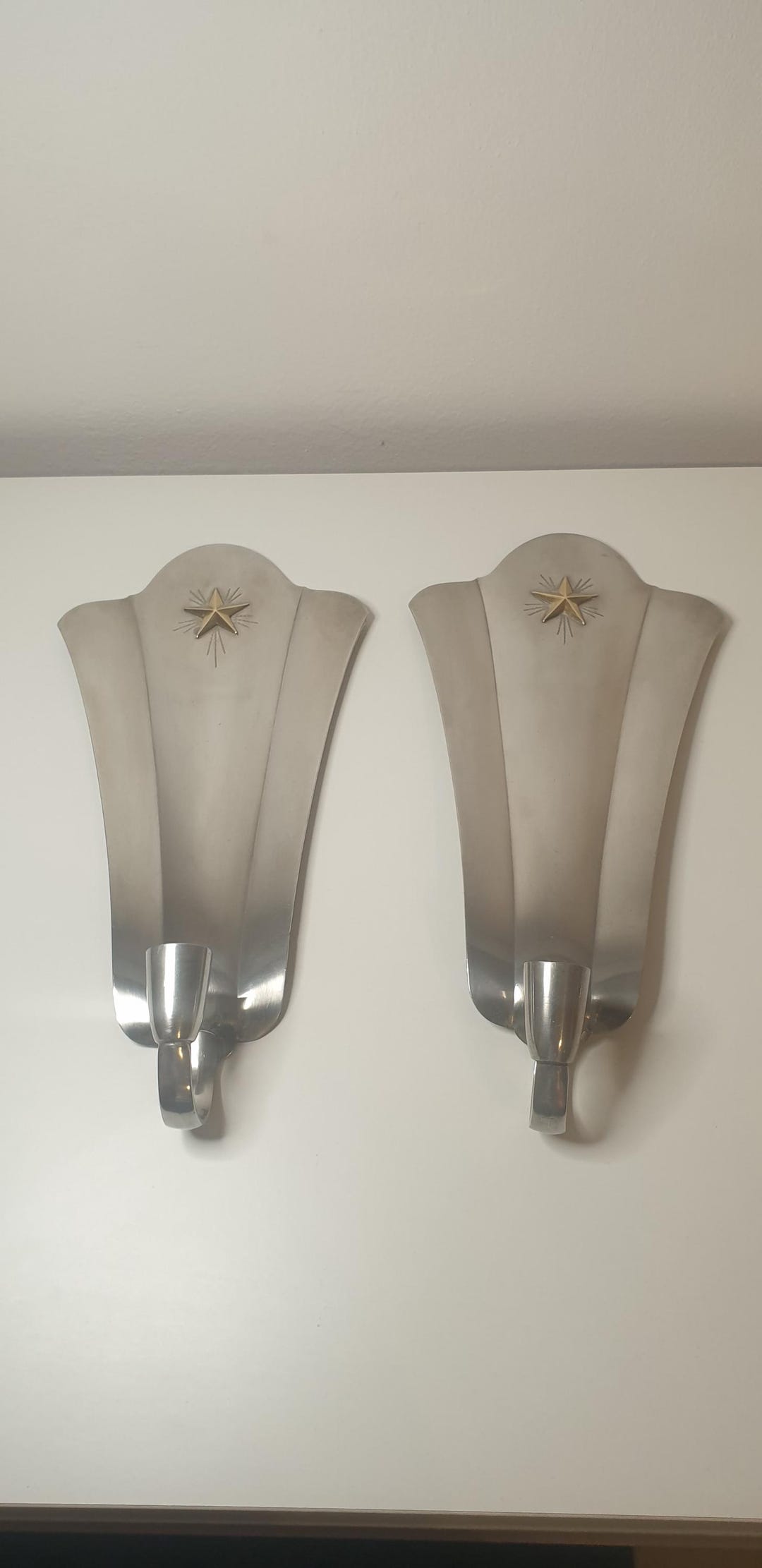 Antique Pewter Wall Candle Sconces With Stars, From 1932, Marked F8 GAB ...