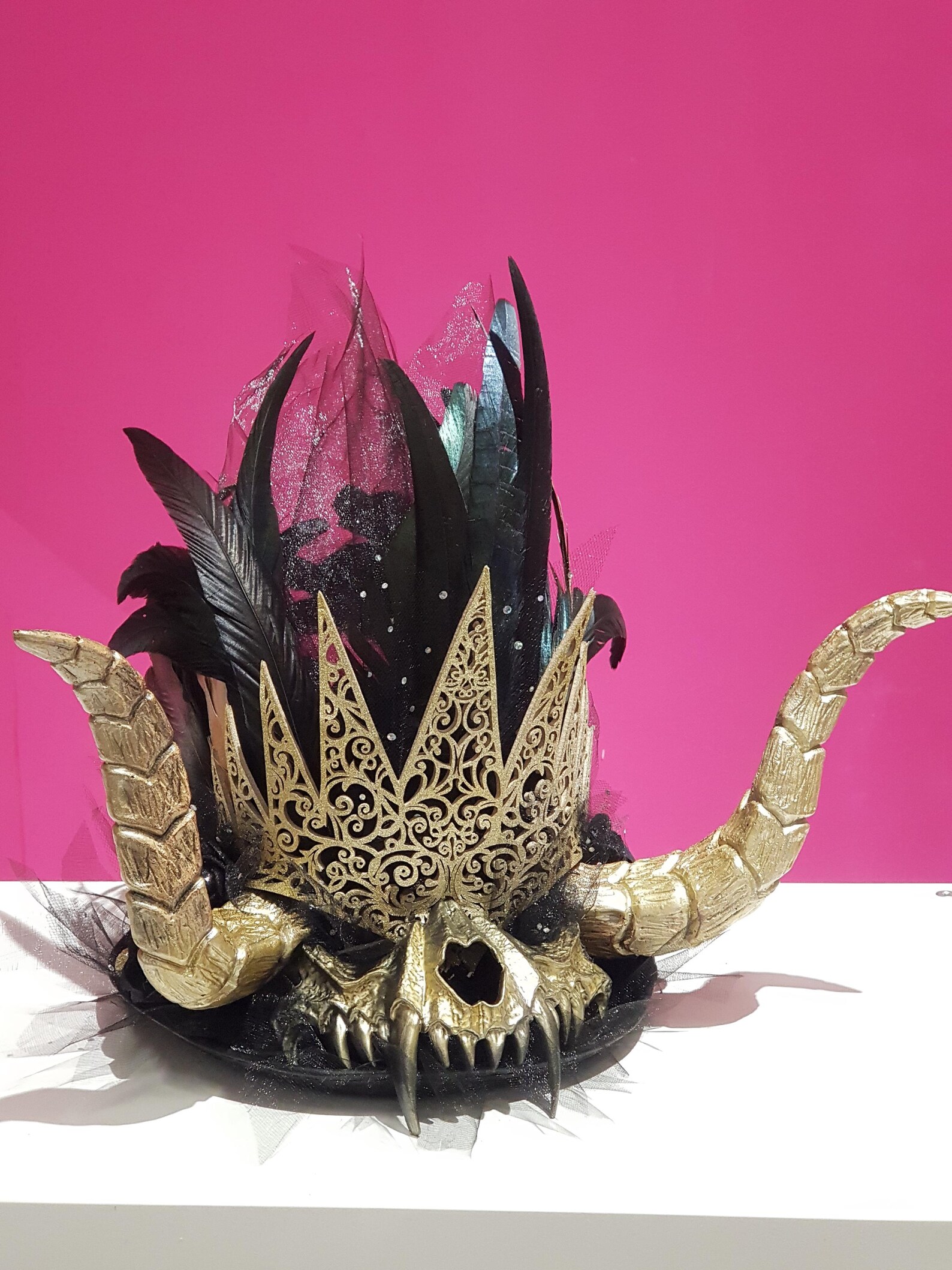 Majestic Black and Gold King Top Hat With Horns and Feathers – Elegant ...